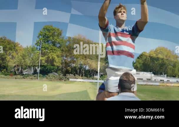 Rugby players running lineout lifting jumper catching ball securing ...