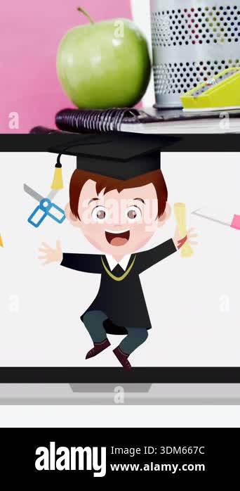 Animation of excited schoolboy and stationery moving on tablet screen ...
