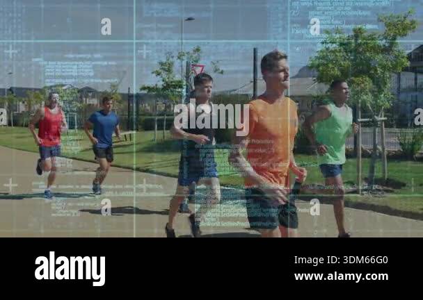six male runners starting fitness training and jogging paved suburban ...