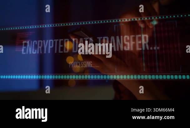 Woman tapping phone screen, initiating encrypted transfer, displaying ...