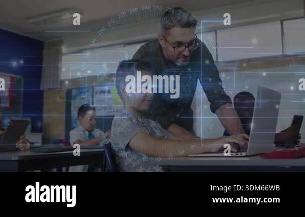 Teacher tapping key to demonstrate coding with animated overlay while ...