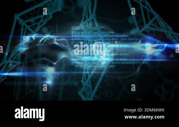 Faint blue lines sketching wireframe network while scrolling code and ...