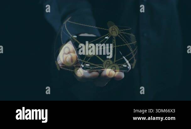 Man's hand tilting smartphone, starting rotating holographic tech ...