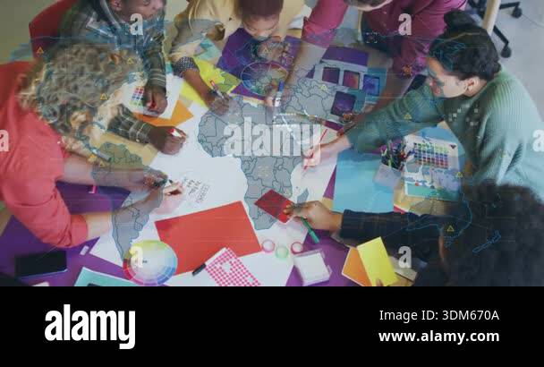 Design team arranging colors on Africa map to map data, sketching ...