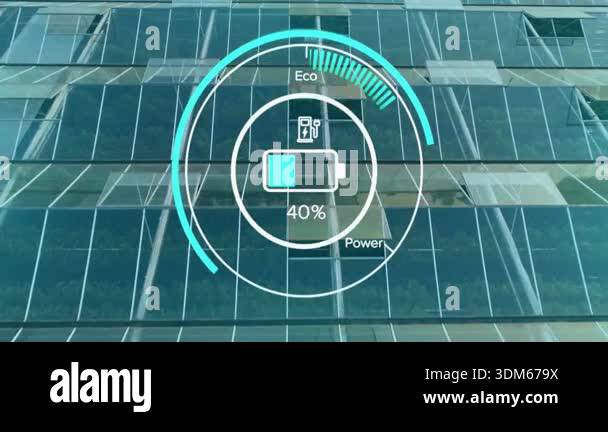 Upon overlay appearing battery interface on glass facade showing eco ...