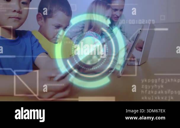 Children tapping and swiping tablets initiating pulsing HUD overlay ...