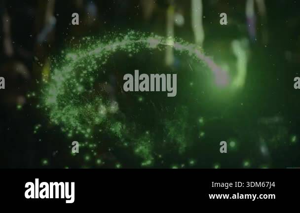 Singer raising mic, singing on stage, green particle spiral forming ...