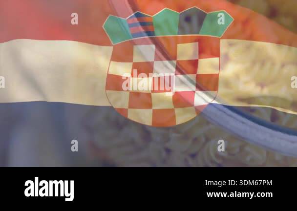 At start flat Croatian flag undulating above fusilli pot, symbolizing ...