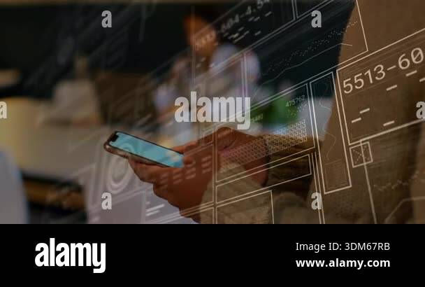 Hands lifting smartphone in tech workspace, starting AR panels and line ...