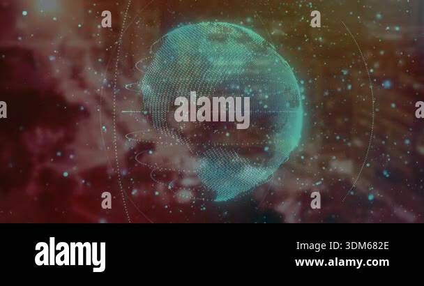 Sphere pulsing into view starting dot-matrix globe rotating rings ...