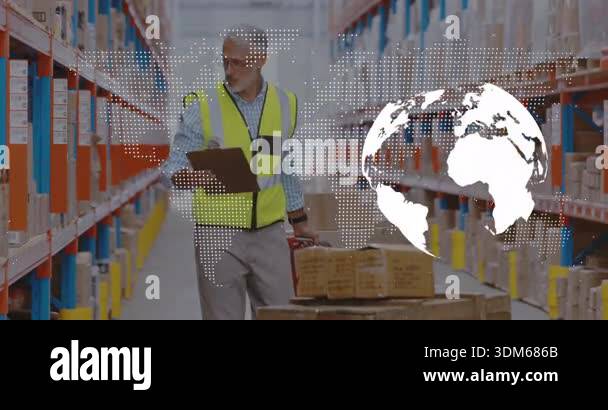 Warehouse worker entering aisle scanning labels using pallet jack ...