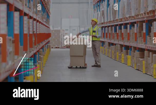 Warehouse operator scanning box label via tablet, visualizing rising ...