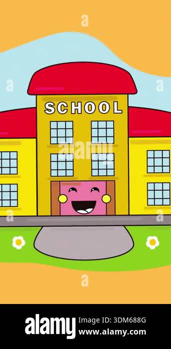 Smiling school building with flowers and wavy background animation ...