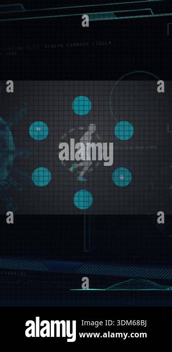 Animation of data processing over scope and human running on black ...