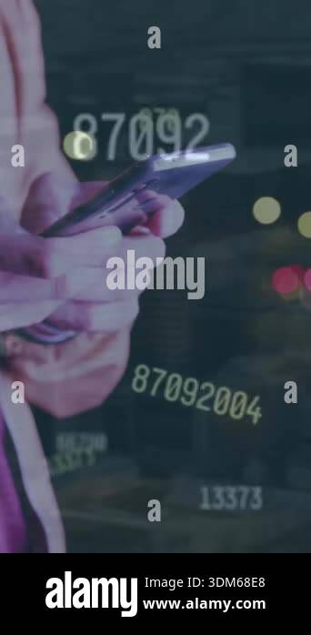 Animation of changing numbers over midsection of caucasian man typing ...