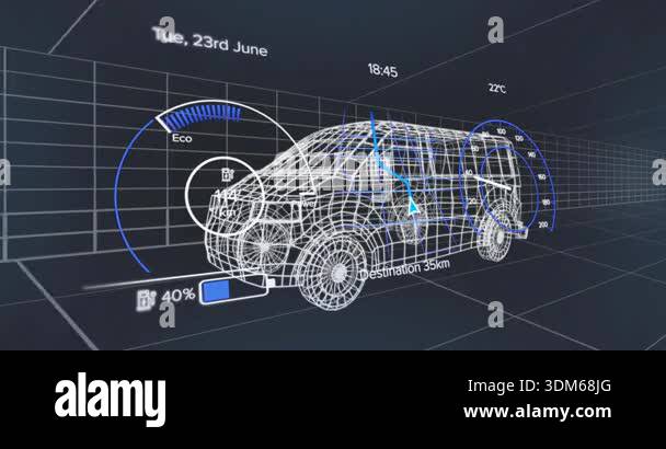 At 18:45 wireframe SUV HUD showing battery gauge rising then falling ...