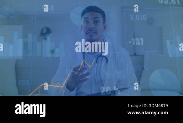Doctor raising pen and speaking while animated charts updating and ...