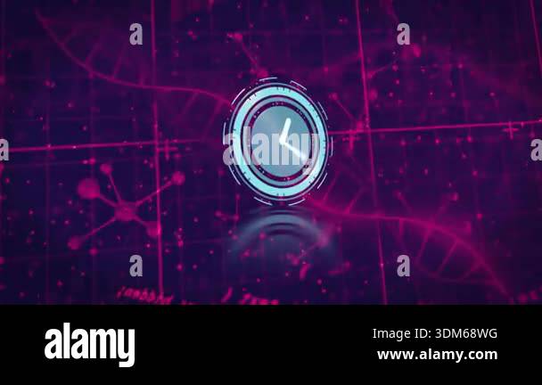 Clock appearing, rings rotating, hands advancing, code fragments ...