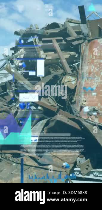 Animation of multicolored infographic interface over piled up metal ...