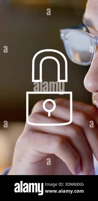 Animated lock and cybersecurity icons over thoughtful person wearing ...
