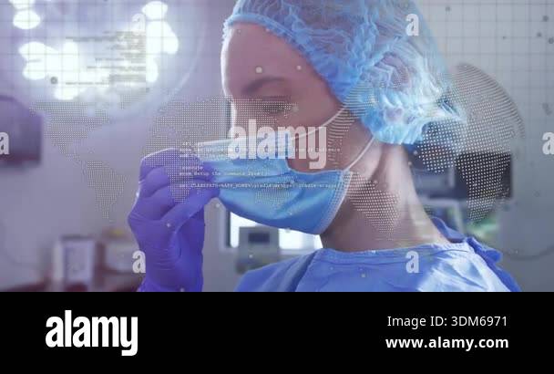 Medical worker lifting mask, hooking loops and pressing nose strip ...