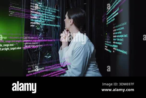 Network engineer scanning server rack activating code overlays and ...