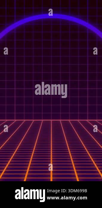 Retro grid floor and glowing arch animation over dark grid background ...