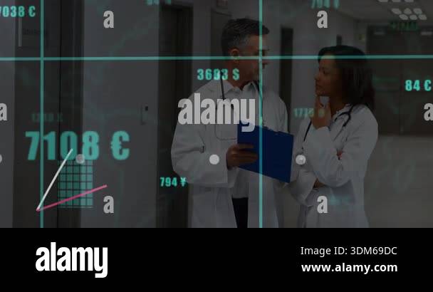 doctor duo walking holding clipboard and pointing causing overlay ...