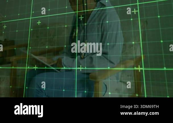 Green grid overlay scanning initiating woman interacting with tablet ...