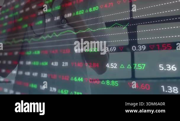 Scrolling financial overlay revealing doctor with stethoscope ...