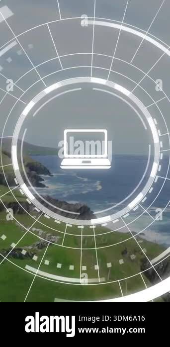 Animation of digital interface with computer icon overlaying coastal ...
