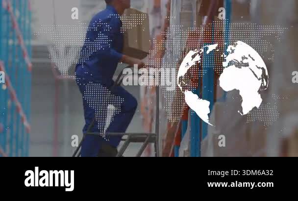 Warehouse worker climbing ladder on order cue, grabbing box, descending ...