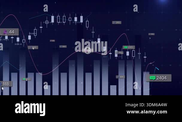 Pointer gliding on candlestick chart popping user icons and chat ...