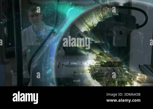 Lab technician activating control panel and materializing holographic ...