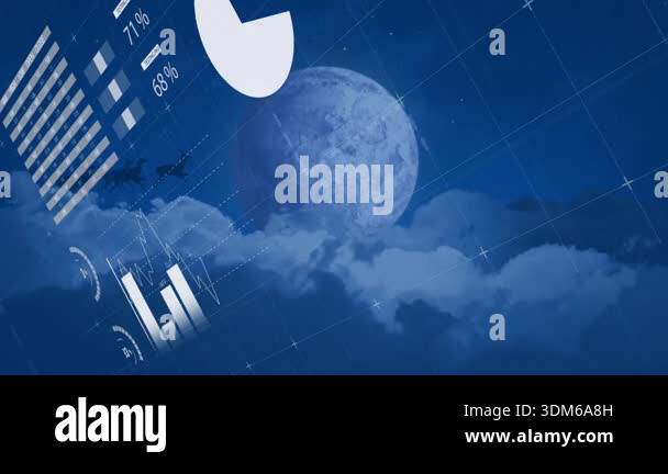Opening dark blue grid with moon starting infographic panels sliding ...
