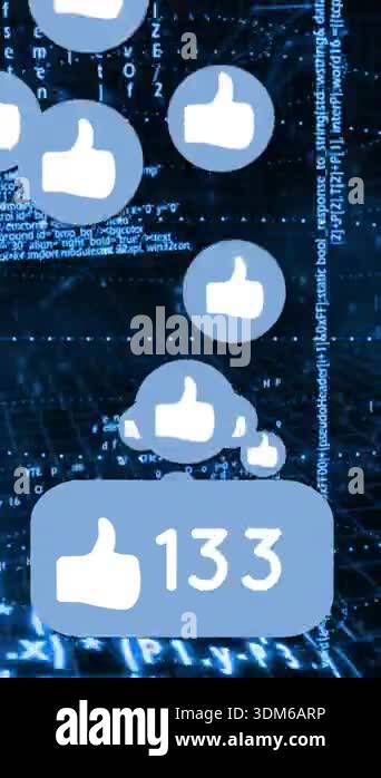 Thumbs up icons and numbers animation over digital data and binary code ...
