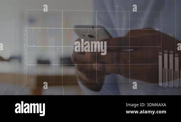 Man tapping smartphone screen, initiating grid pulsing line chart with ...