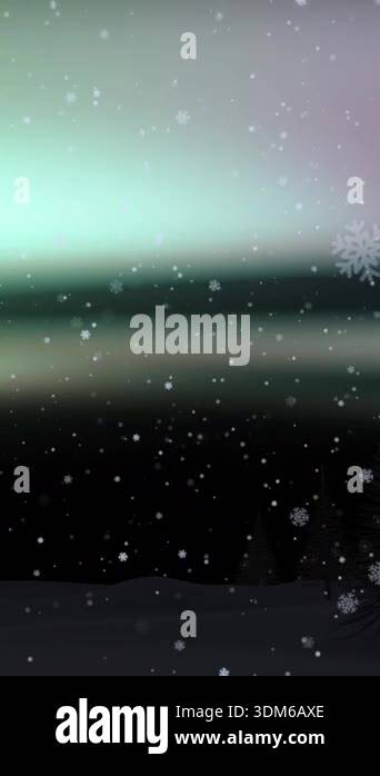 Animation of snowflakes and northern lights over forest landscape ...