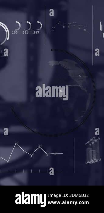 Animation of interface with spinning globe and data processing against ...