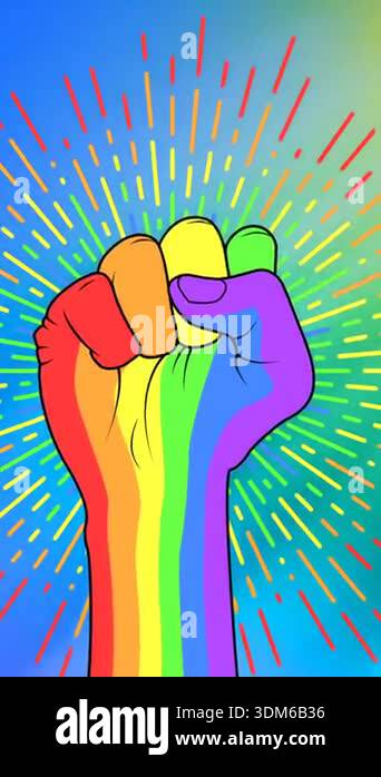 Animation of rainbow fist and rainbow stripes over rainbow background ...