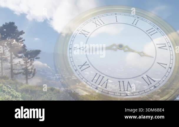 After fading in, clock face animating over hillside, second hand ...