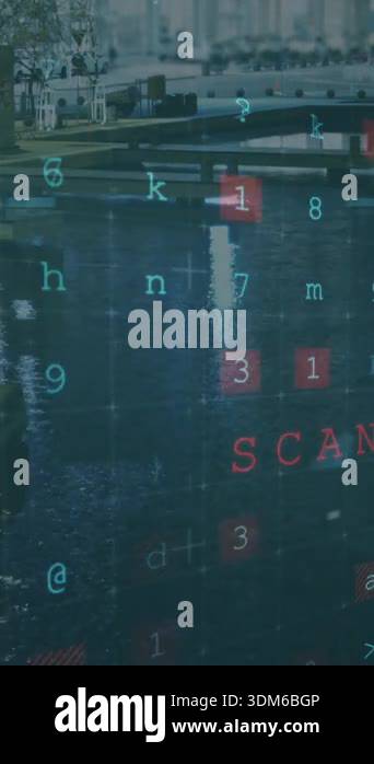 Animation of cyber security and numbers over cityscape. Network, data ...
