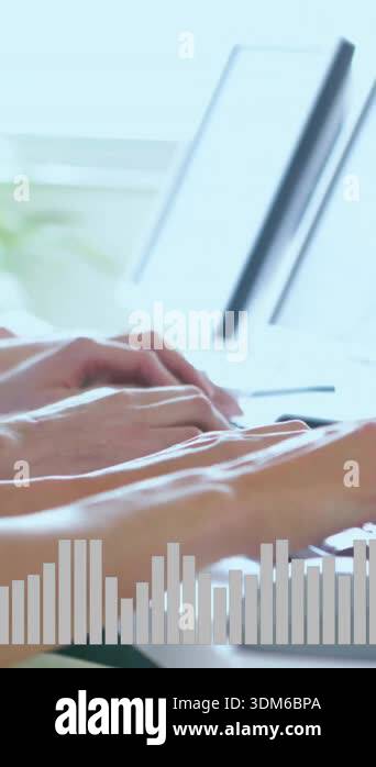 Typing on keyboards, people working in office with sound wave animation ...