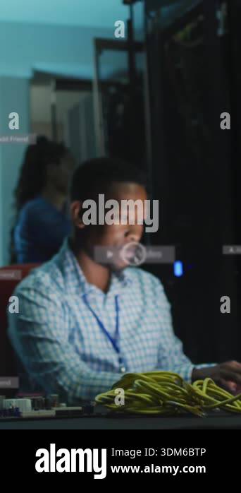 Animation of social media icons over african american male engineer ...