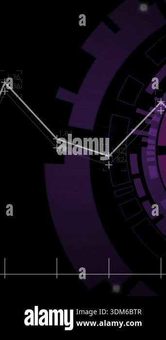 Line graph with data points over abstract purple and black circular ...