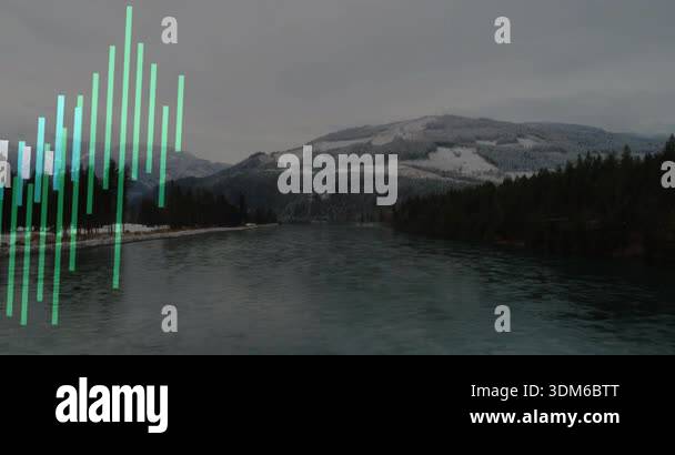 On start, river flowing beneath snowy peaks, audio bars rising color ...