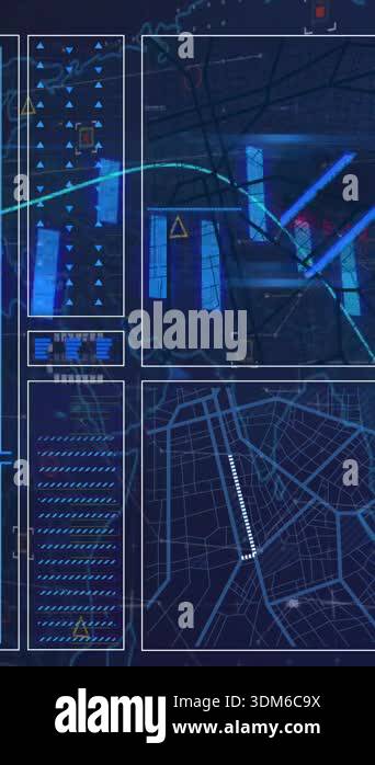 Animation of data processing on black background. Global technology ...