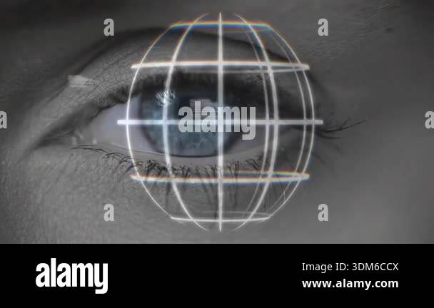 Closed eyelid initiating 3D wireframe globe hovering over iris while ...