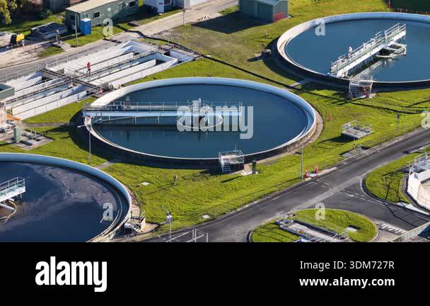 Rotating camera captures circular water treatment tanks, industrial ...