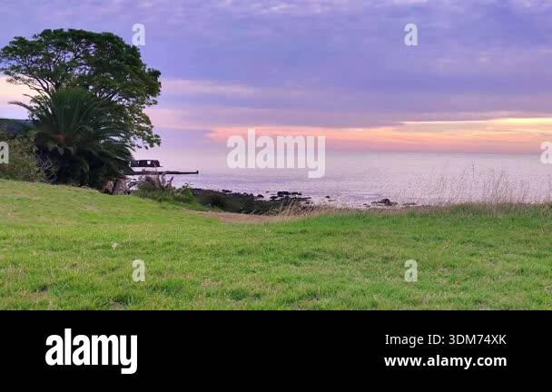 Low angle fixed shot scene video of empty waterfront park and ...